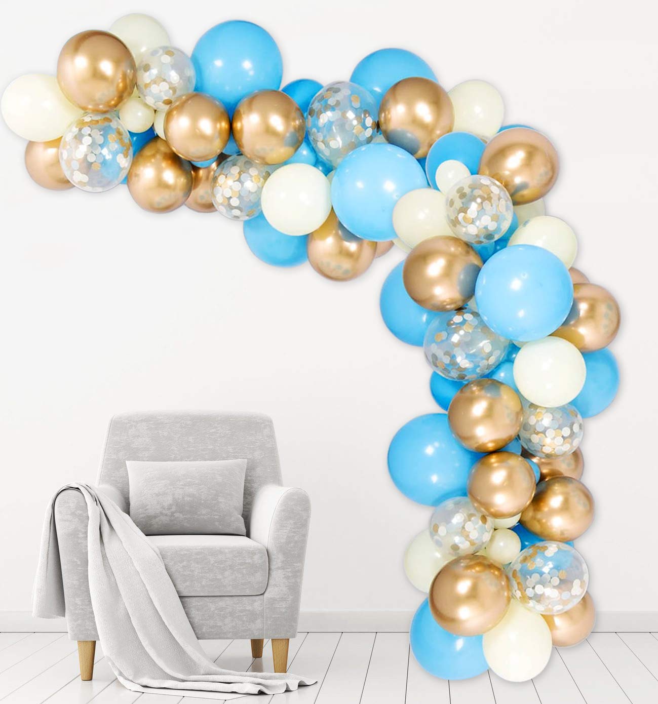 Blue Gold Balloon Garland Kit, Including Chrome Gold, Ivory, Light Blue & White Gold Light Blue Confetti Balloons Decorations Backdrop Ideal for Boys Birthday Baby Bridal Shower Party Decorations