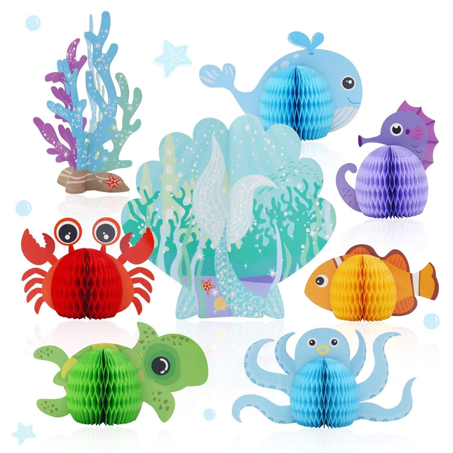 Distaratie 8 Pcs Under The Sea Party Decorations Sea Animal Honeycomb Centerpiece Mermaid Birthday Party Supplies for Beach Baby Shower Wedding Pool Party