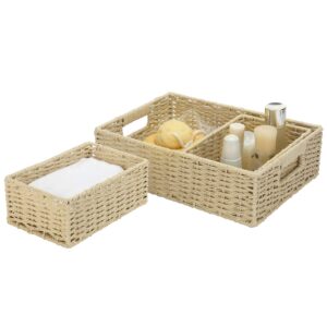 mygift beige woven small storage tray for organizing, multipurpose nesting basket bin, set of 3