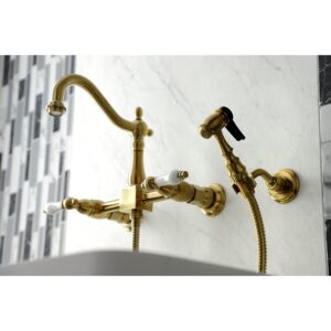 Kingston Brass KS1267PLBS Heritage 8-Inch Centerset Wall Mount Kitchen Faucet with Brass Sprayer, Brushed Brass