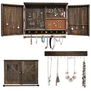 glant rustic wall mounted jewelry organizer with wooden barndoor decor,wooden wall mount holder,jewelry holder for necklaces, earings, bracelets, ring holder. includes matching hook organizer (rustic)