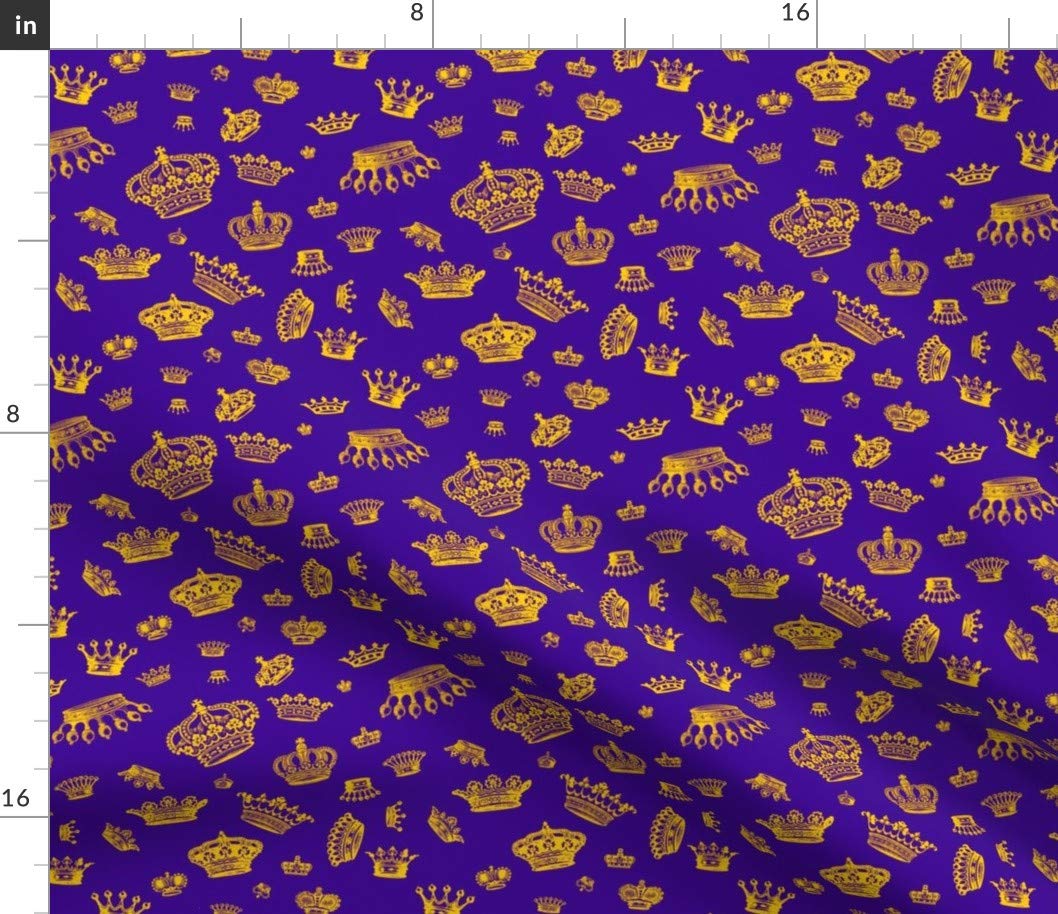 Spoonflower Fabric - Royal Crowns Golden Yellow Purple Gold Mardi Gras Royalty King Printed on Petal Signature Cotton Fabric by The Yard - Sewing Quilting Apparel Crafts Decor