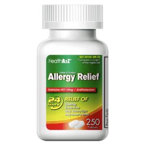 healtha2z® allergy relief | cetirizine 10mg | all day allergy relief | indoor & outdoor | relief from itchy throat, sneezing, runny noses (250 count (pack of 1))