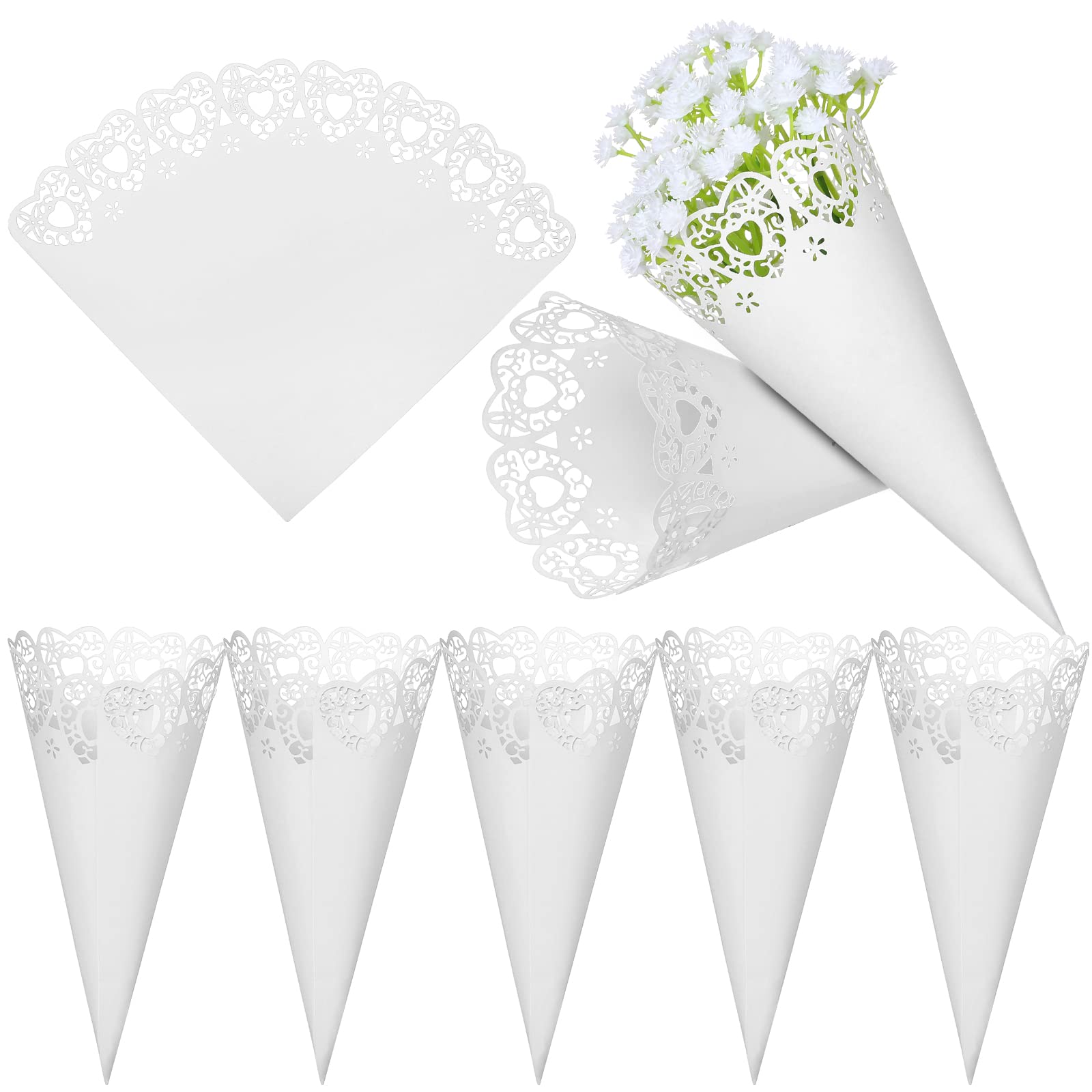 GWHOLE 100 Pcs Heart Confetti Petal Cone for Wedding Party, White