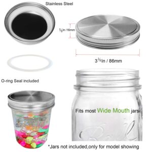 Stainless Steel Mason Jar Lids, Storage Caps with Silicone Seals for Wide Mouth Mason Canning Jars, Polished Surface, Reusable and Leak Proof, Pack of 12 (12-Pack Wide Mouth stainless steel)