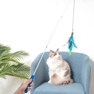 Cat Toys Feathers Wand, Interactive Cat Toy Kitten Toys 2 Retractable Cat Wand Toy and 7 Feather Teaser Refills with bells, Telescopic Cat Fishing Pole Toy for Indoor Bored Cats Gifts Exercise Pack