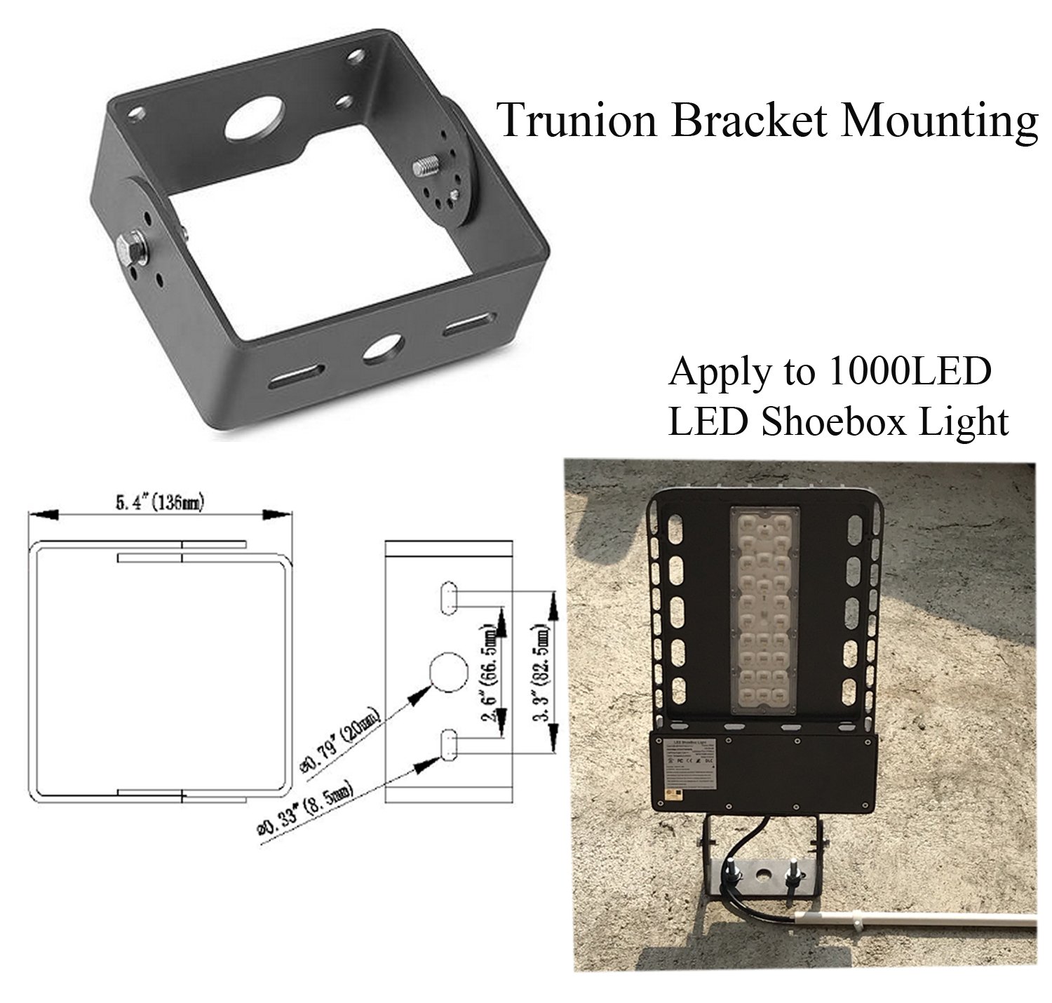 1000LED Trunnion Mounting Bracket, Yoke Mount Bracket for LED Shoebox Parking Lot Light, LED Flood Light