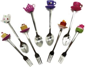 tea party decorations and tea party favors | 4 stainless steel fancy forks and 4 stainless steel fancy spoons | resin cake and teapot designs