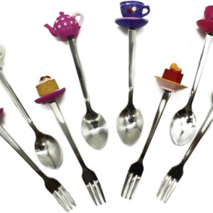 Tea Party Decorations and Tea Party Favors | 4 Stainless Steel Fancy Forks and 4 Stainless Steel Fancy Spoons | Resin Cake and Teapot Designs