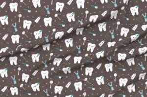 spoonflower fabric - happy teeth large brown teal dental dentist tooth toothpaste printed on petal signature cotton fabric by the yard - sewing quilting apparel crafts decor