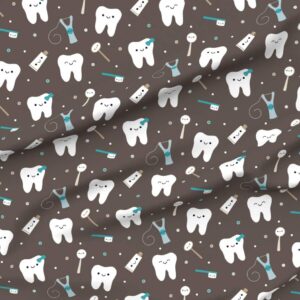 Spoonflower Fabric - Happy Teeth Large Brown Teal Dental Dentist Tooth Toothpaste Printed on Petal Signature Cotton Fabric by The Yard - Sewing Quilting Apparel Crafts Decor