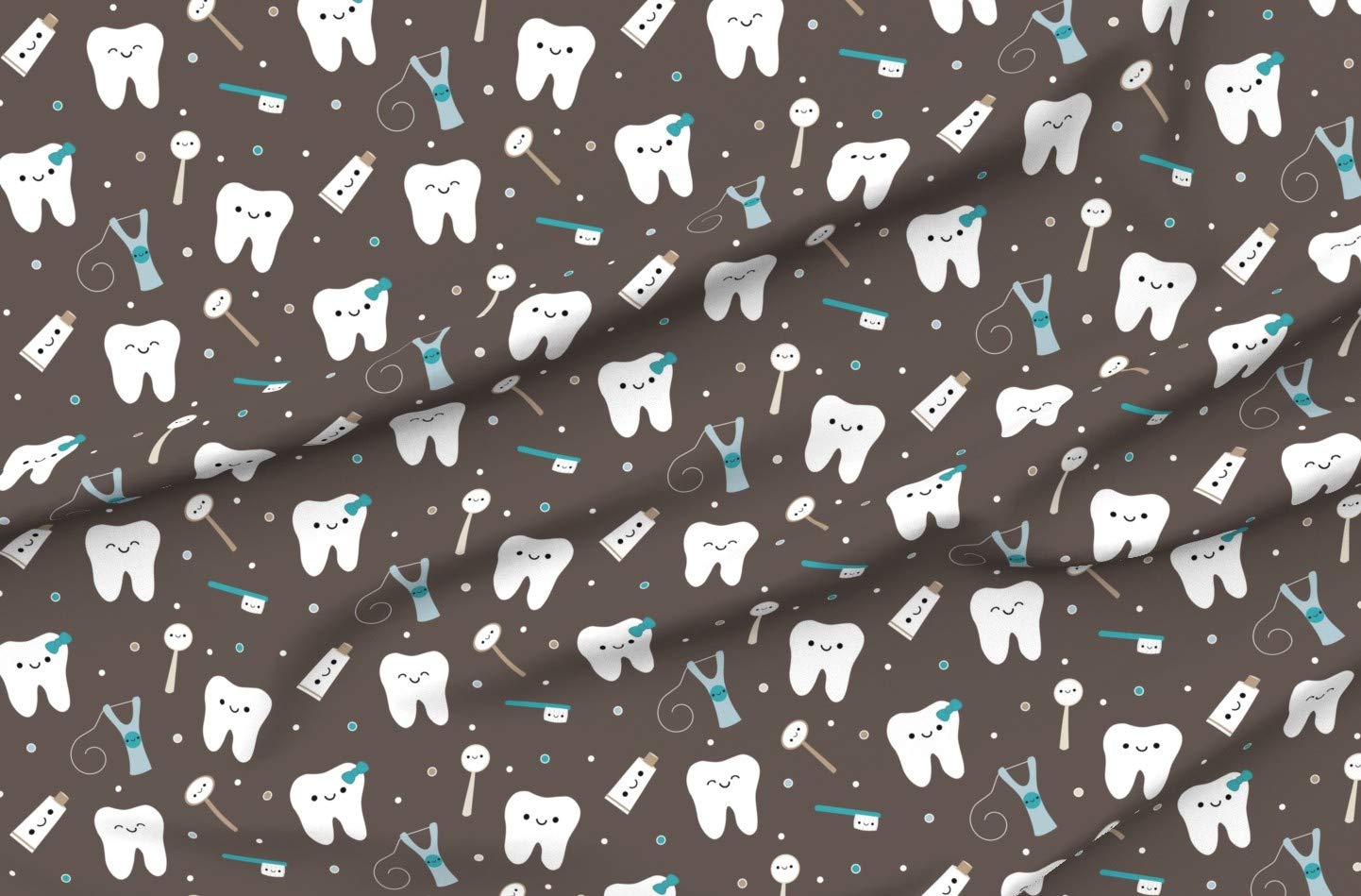 Spoonflower Fabric - Happy Teeth Large Brown Teal Dental Dentist Tooth Toothpaste Printed on Petal Signature Cotton Fabric by The Yard - Sewing Quilting Apparel Crafts Decor