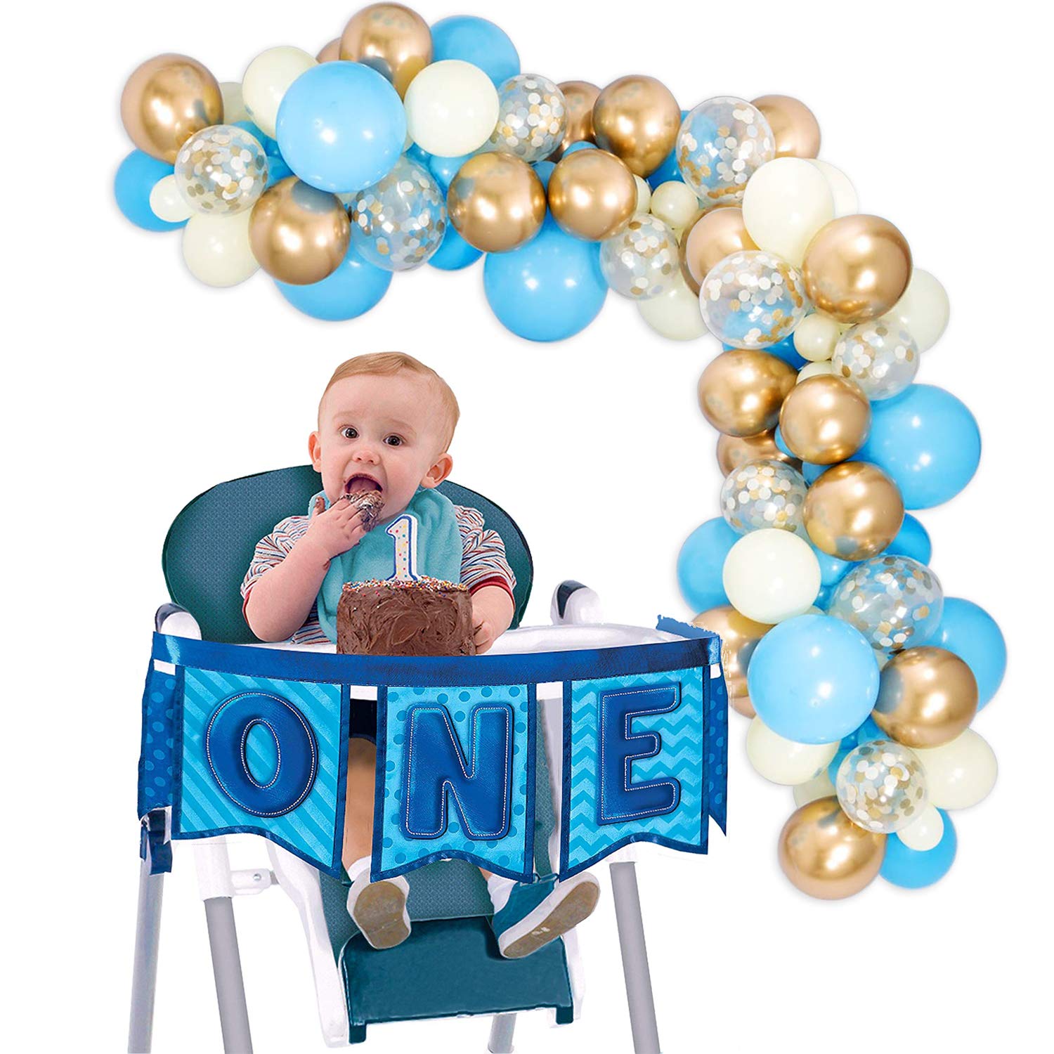 Blue Gold Balloon Garland Kit, Including Chrome Gold, Ivory, Light Blue & White Gold Light Blue Confetti Balloons Decorations Backdrop Ideal for Boys Birthday Baby Bridal Shower Party Decorations