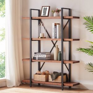 hsh 4 tier natural real wood bookshelf, 4 shelf rustic solid wooden and metal bookcase, farmhouse open vintage industrial etagere book shelf for office living room bedroom storage, distressed brown