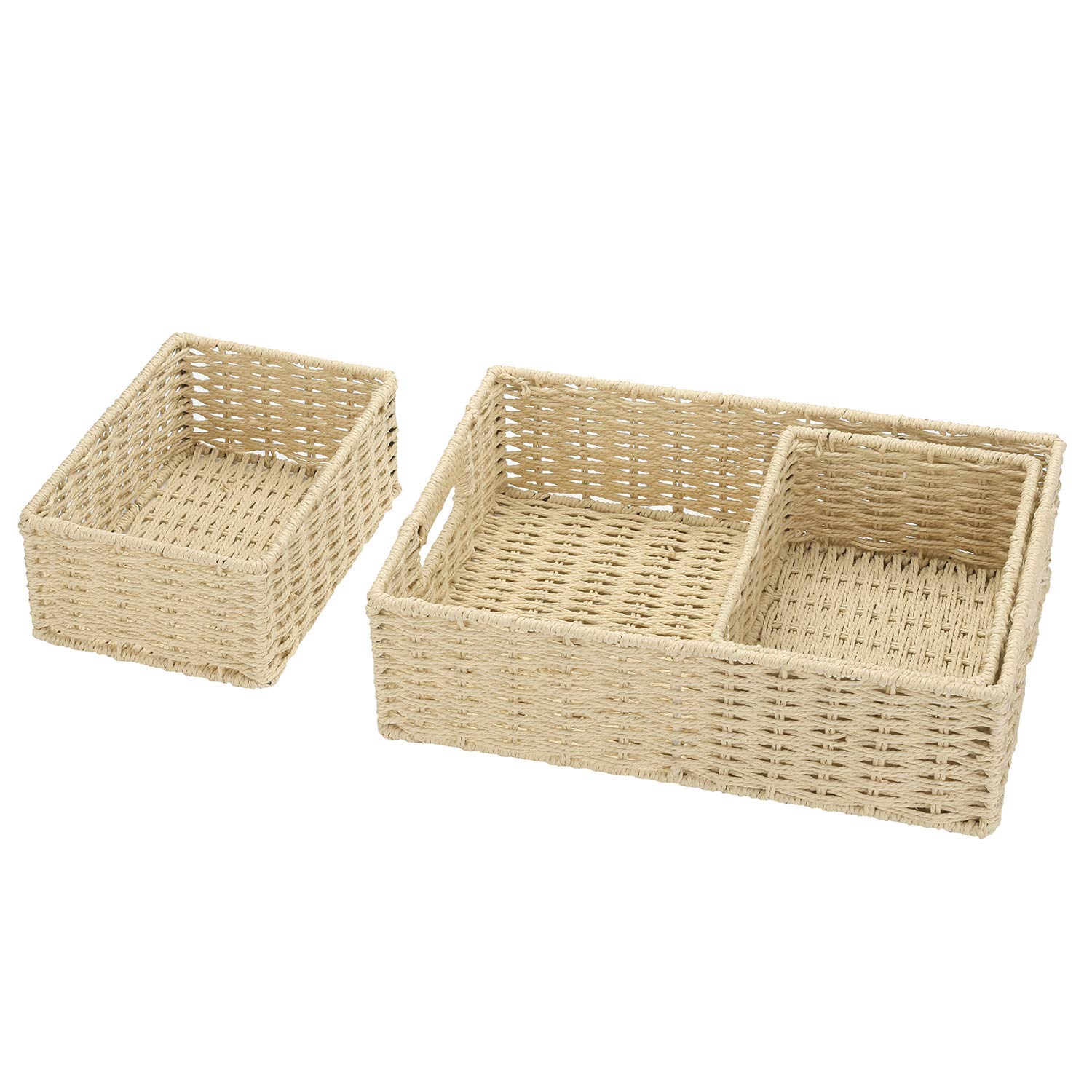 MyGift Beige Woven Small Storage Tray for Organizing, Multipurpose Nesting Basket Bin, Set of 3