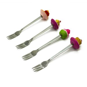 Tea Party Decorations and Tea Party Favors | 4 Stainless Steel Fancy Forks and 4 Stainless Steel Fancy Spoons | Resin Cake and Teapot Designs