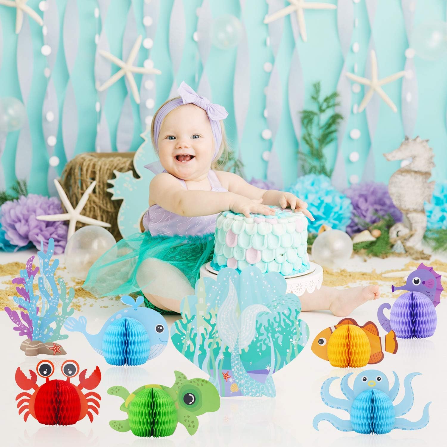 Distaratie 8 Pcs Under The Sea Party Decorations Sea Animal Honeycomb Centerpiece Mermaid Birthday Party Supplies for Beach Baby Shower Wedding Pool Party