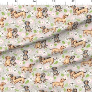 Spoonflower Fabric - Dachshunds Dogwood Blossoms Pink Large Dachshund Dogs Cute Gray Year Printed on Petal Signature Cotton Fabric by The Yard - Sewing Quilting Apparel Crafts Decor