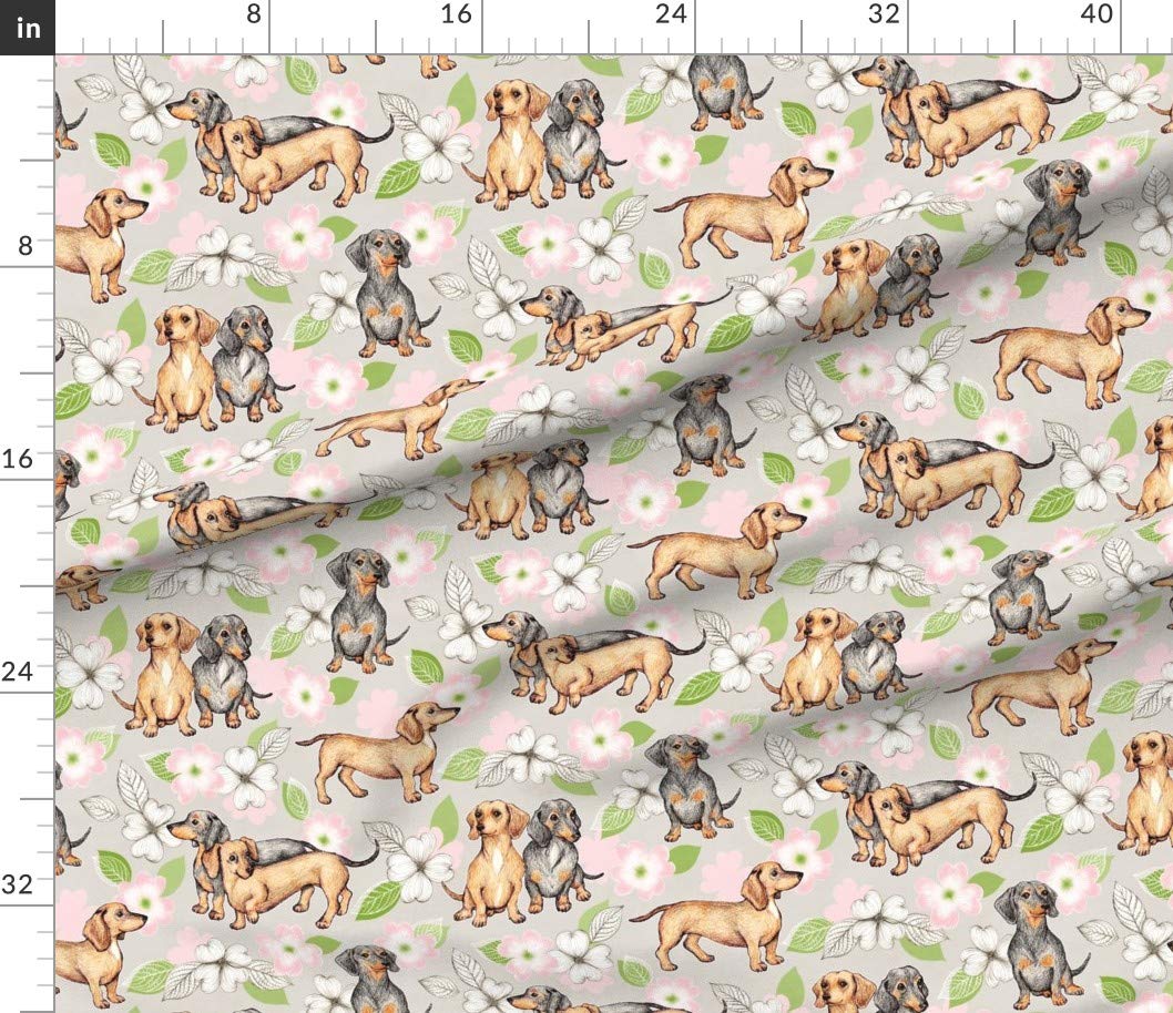 Spoonflower Fabric - Dachshunds Dogwood Blossoms Pink Large Dachshund Dogs Cute Gray Year Printed on Petal Signature Cotton Fabric by The Yard - Sewing Quilting Apparel Crafts Decor