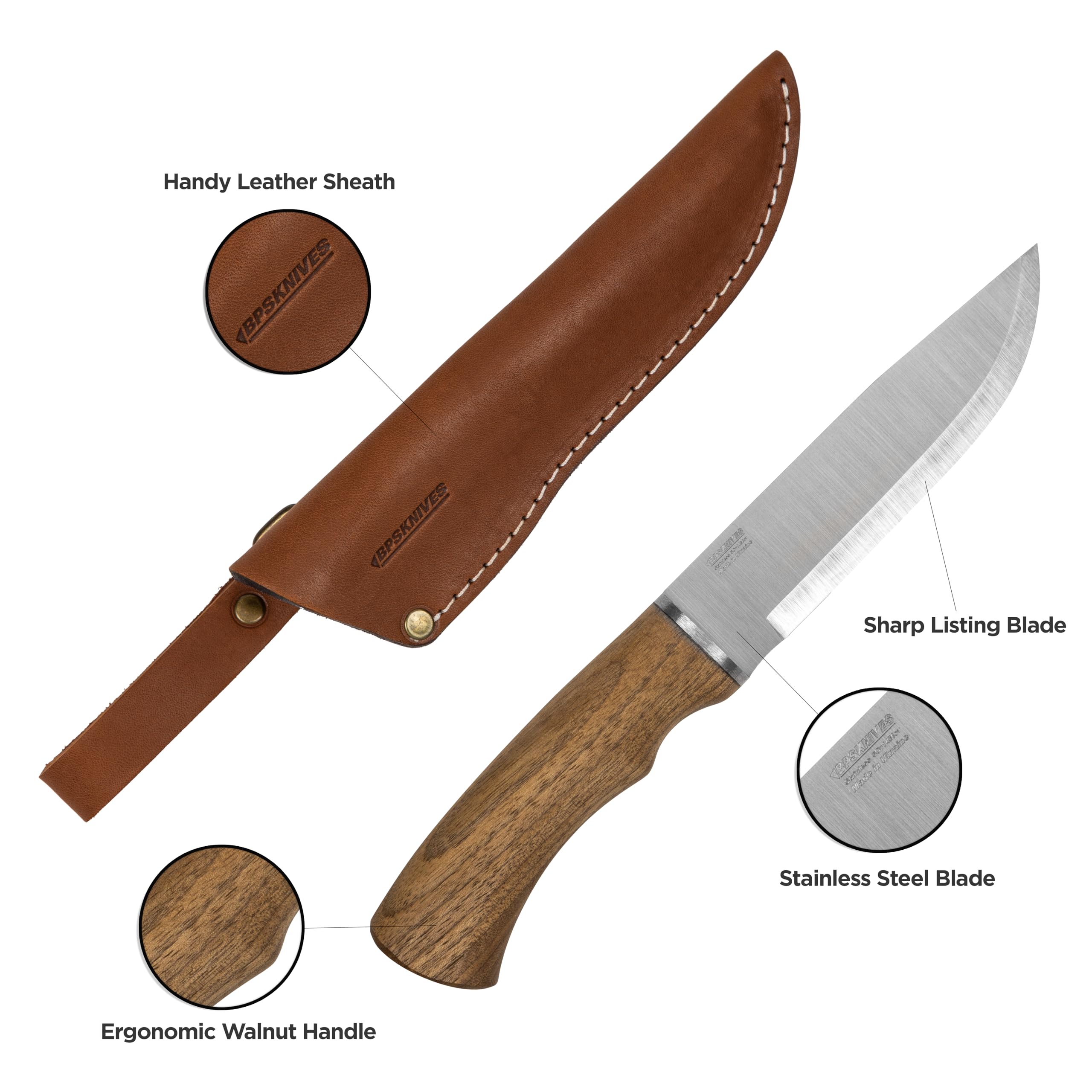 BPS Knives BK06 Camp Knife With Leather Sheath - Large Outdoor Knife Fixed Blade Stainless Steel Camping Knife - Scandi Grid Knife With Sheath