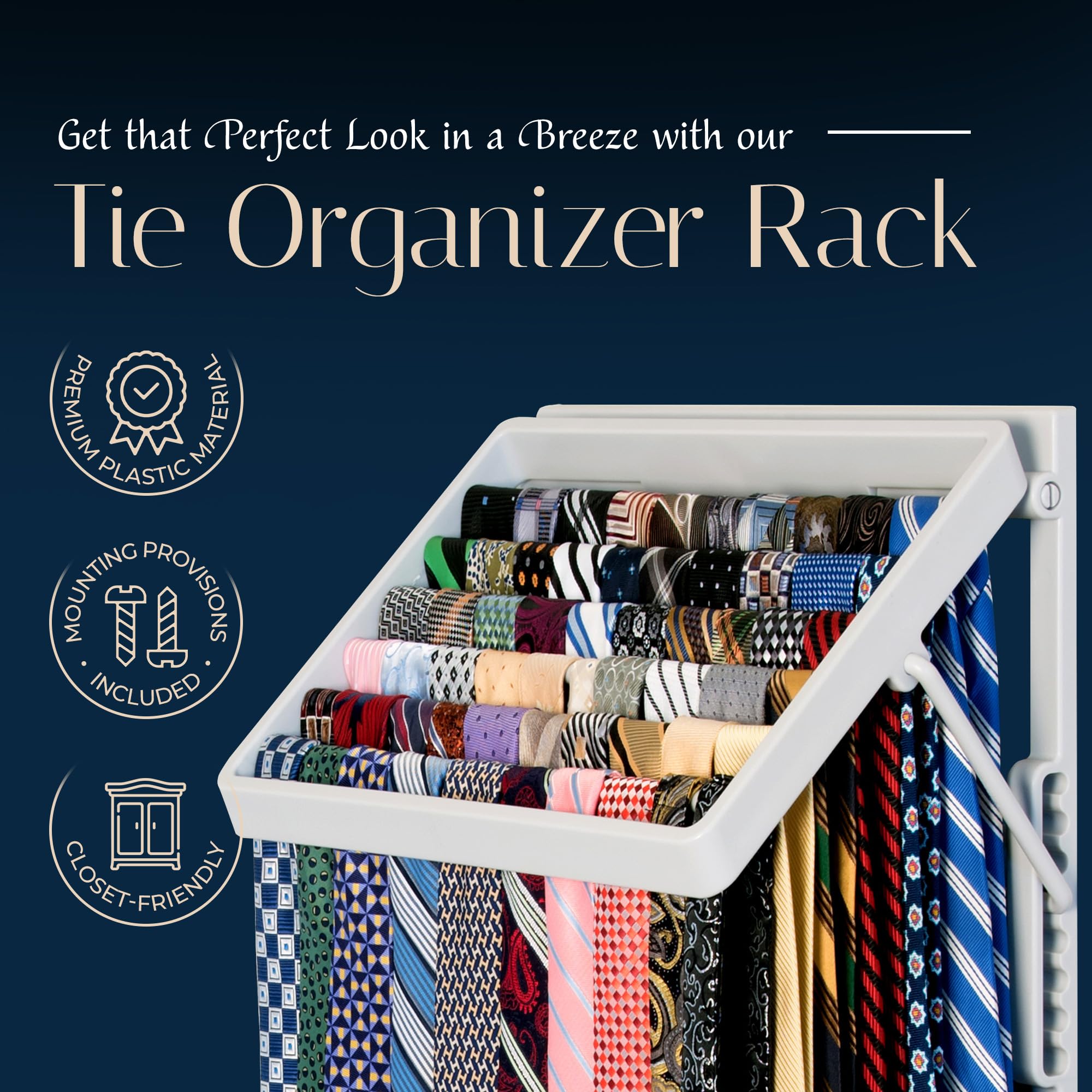 Tie and Scarf Organizer, TieMaster Battery-Free Organizer, Holds 60 Ties and Scarves, Easy Installation, Sleek Design, Preserve The Quality of Delicate Scarves and Ties