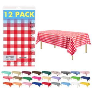 zimpleware premium red gingham checkered plastic table cloth disposable (12 pk) plastic tablecloths for rectangle tables (54in x 108in) party table cloths disposable for 6ft to 8ft rectangle tables