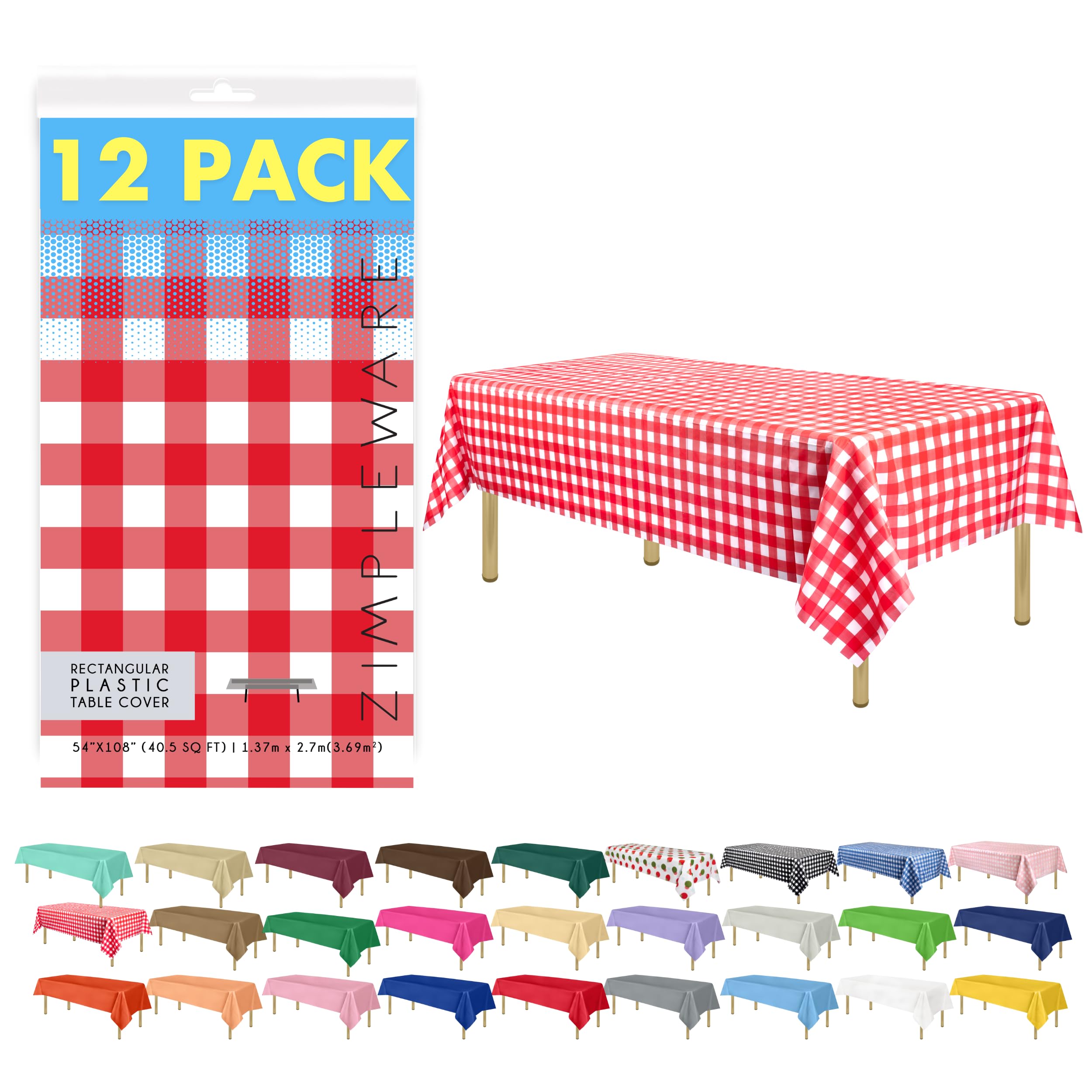 ZIMPLEWARE Premium Red Gingham Checkered Plastic Table Cloth Disposable (12 Pk) Plastic Tablecloths for Rectangle Tables (54in x 108in) Party Table Cloths Disposable for 6ft to 8ft Rectangle Tables