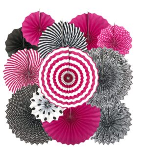 hot pink and black birthday party hanging paper fans decorations - women girls birthday party wedding bridal shower bachelorette carnival party ceiling hangings photo booth backdrops decorations, 12pc