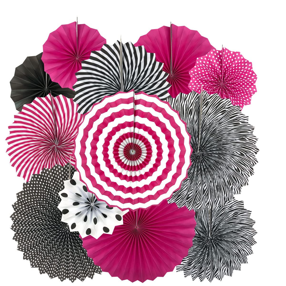 Hot Pink and Black Birthday Party Hanging Paper Fans Decorations - Women Girls Birthday Party Wedding Bridal Shower Bachelorette Carnival Party Ceiling Hangings Photo Booth Backdrops Decorations, 12pc