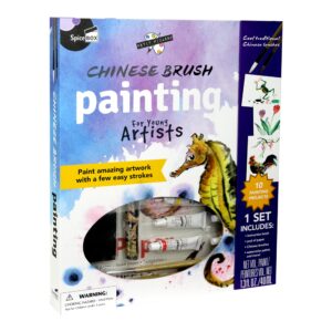 spicebox chinese brush painting art kit for kids, diy children’s learn to paint set, includes watercolor tubes, book, paintbrushes, ink stone