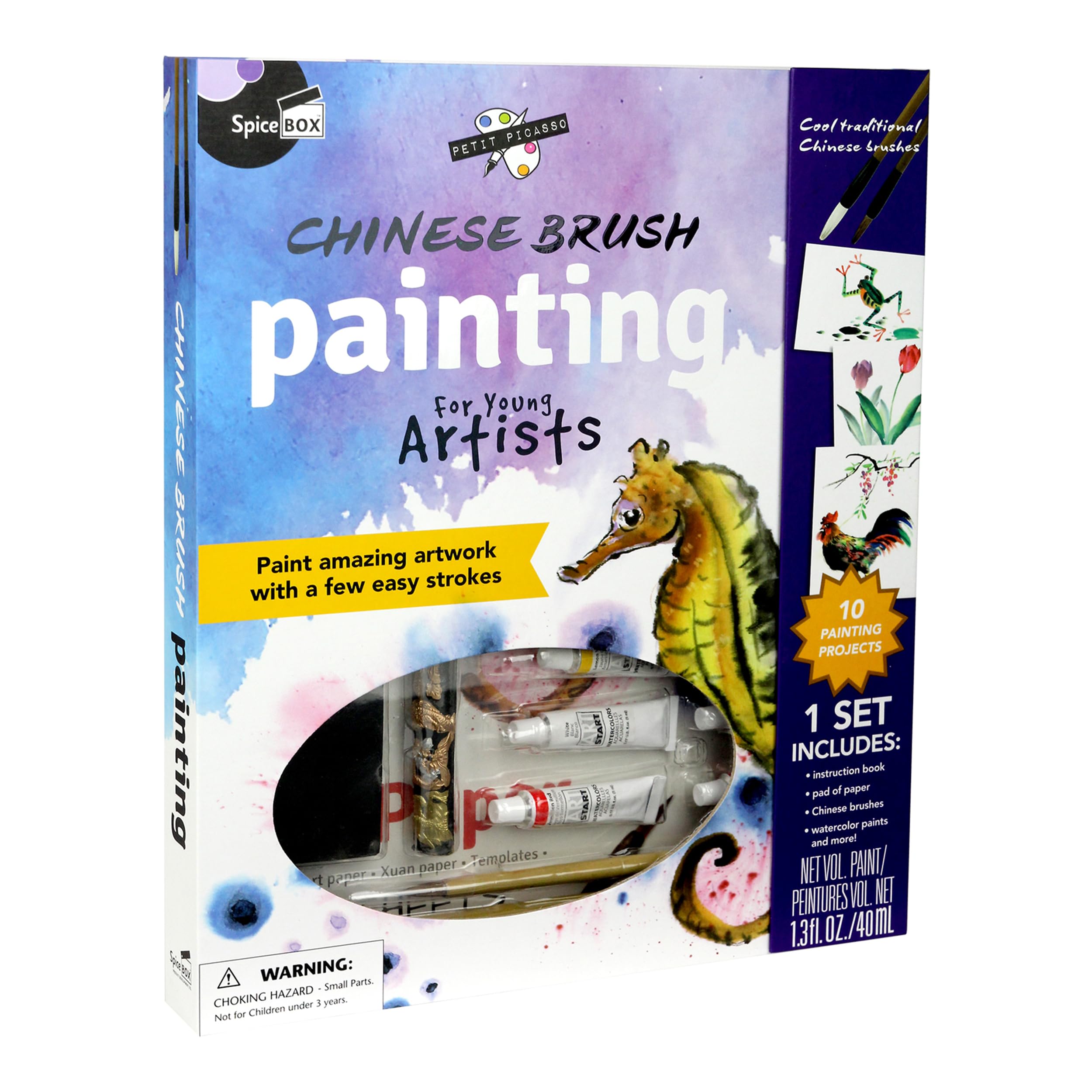 SpiceBox Chinese Brush Painting Art Kit for Kids, DIY Children’s Learn to Paint Set, Includes Watercolor Tubes, Book, Paintbrushes, Ink Stone