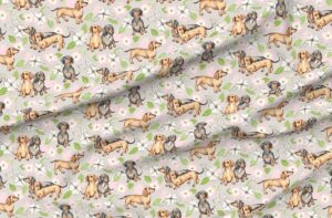 spoonflower fabric - dachshunds dogwood blossoms pink large dachshund dogs cute gray year printed on petal signature cotton fabric by the yard - sewing quilting apparel crafts decor