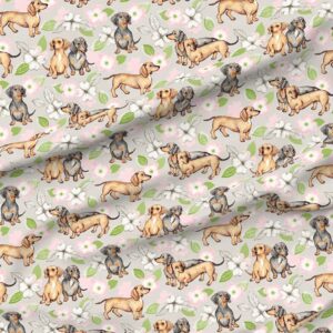 Spoonflower Fabric - Dachshunds Dogwood Blossoms Pink Large Dachshund Dogs Cute Gray Year Printed on Petal Signature Cotton Fabric by The Yard - Sewing Quilting Apparel Crafts Decor