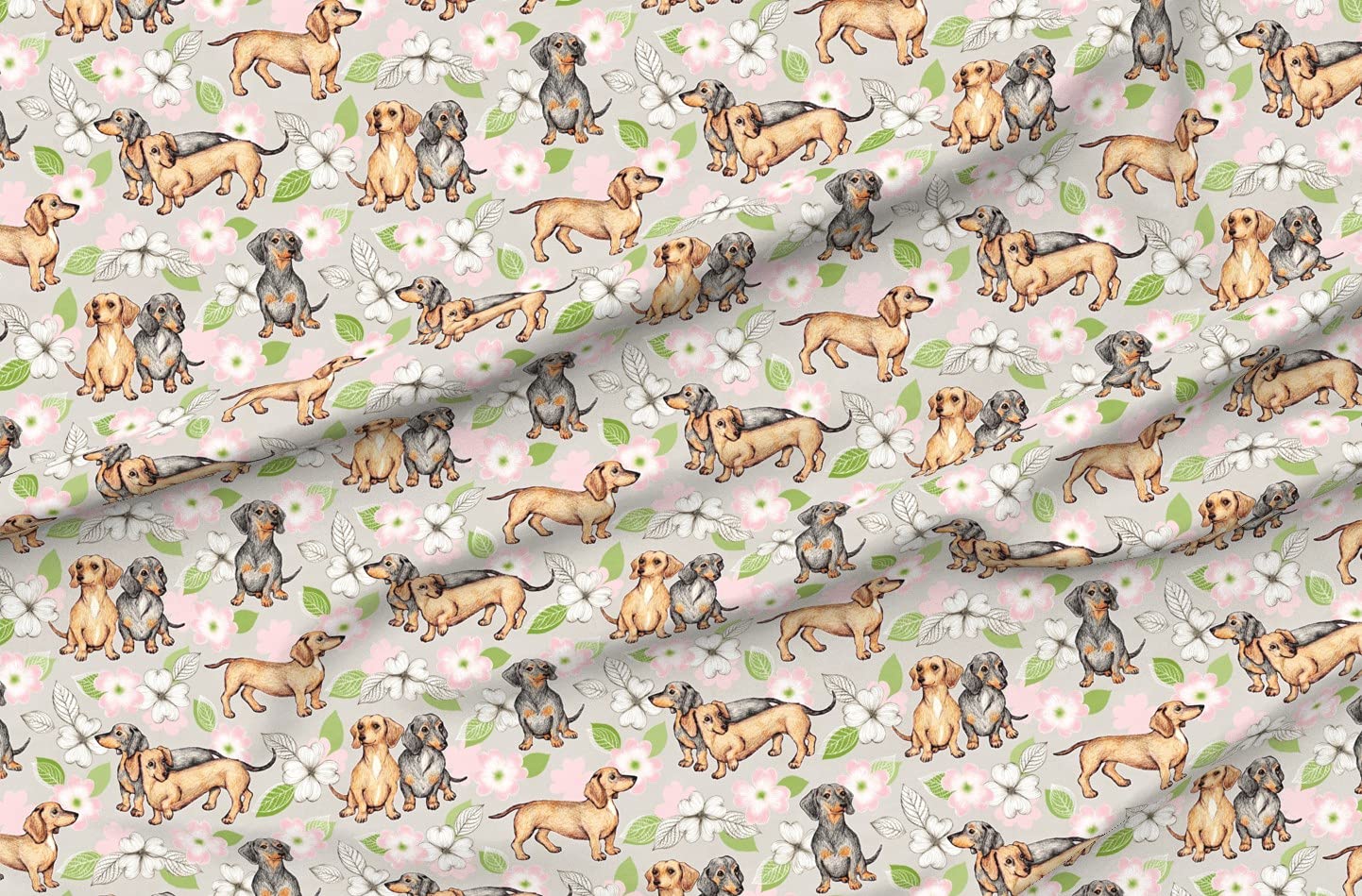 Spoonflower Fabric - Dachshunds Dogwood Blossoms Pink Large Dachshund Dogs Cute Gray Year Printed on Petal Signature Cotton Fabric by The Yard - Sewing Quilting Apparel Crafts Decor