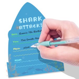 Yangmics Direct 25 Pack Shark Birthday Party Invitations with Envelopes-Double Sided -Shaped Fill-In Invitations-Shark party supplies