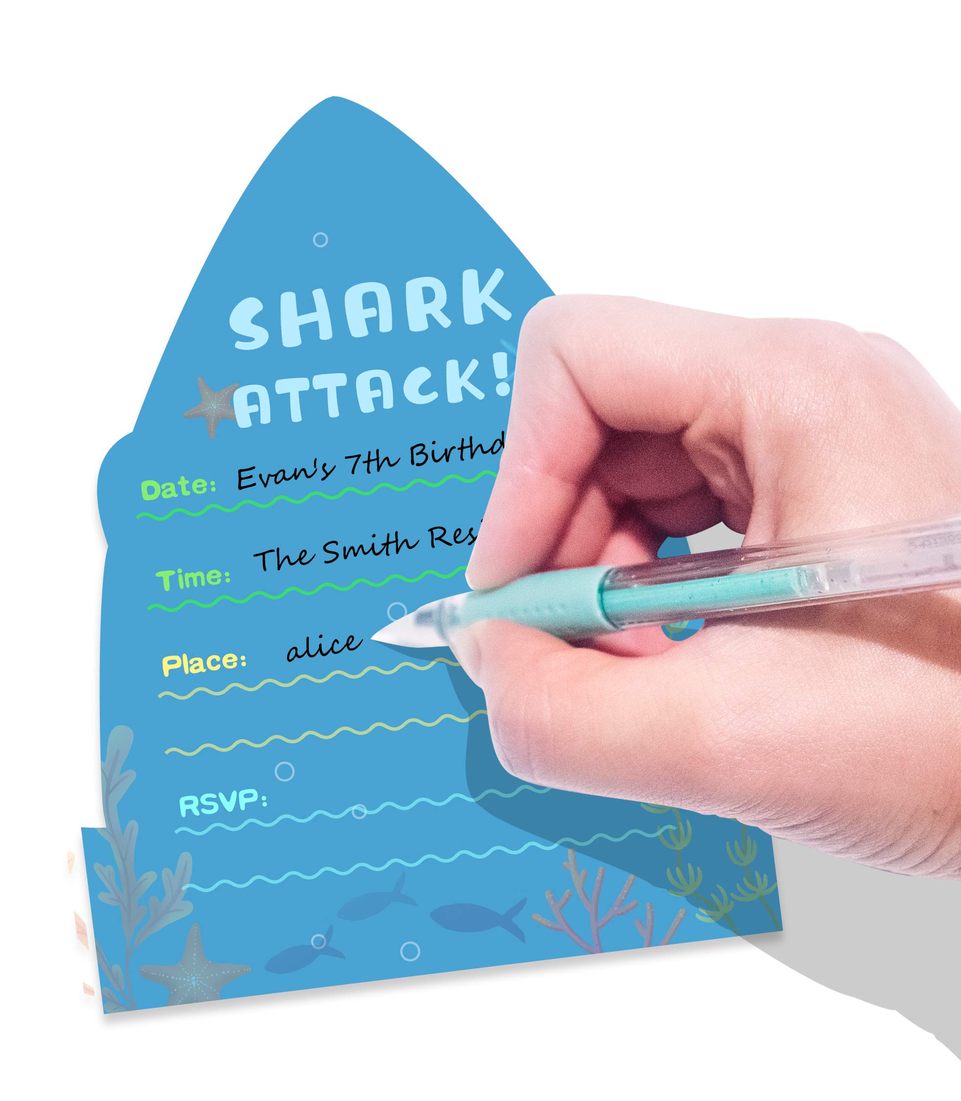 Yangmics Direct 25 Pack Shark Birthday Party Invitations with Envelopes-Double Sided -Shaped Fill-In Invitations-Shark party supplies