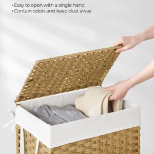 SONGMICS Laundry Hamper with Lid, 23.8 Gallon (90 L) Synthetic Rattan Clothes Laundry Basket with Lid and Handles, Foldable, Removable Liner, Goose Yellow ULCB51NL