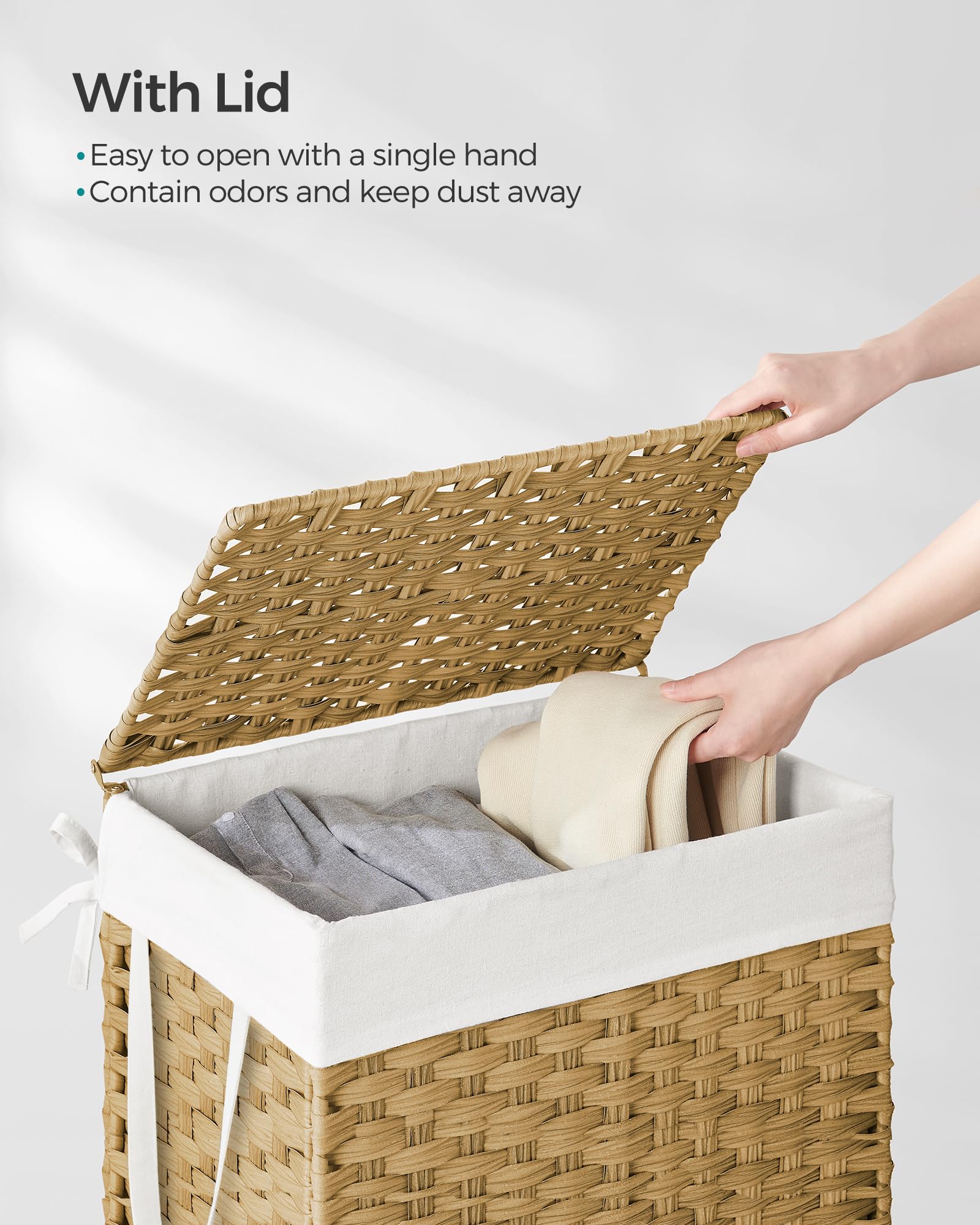 SONGMICS Laundry Hamper with Lid, 23.8 Gallon (90 L) Synthetic Rattan Clothes Laundry Basket with Lid and Handles, Foldable, Removable Liner, Goose Yellow ULCB51NL