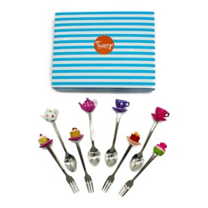 Tea Party Decorations and Tea Party Favors | 4 Stainless Steel Fancy Forks and 4 Stainless Steel Fancy Spoons | Resin Cake and Teapot Designs