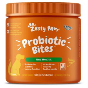 zesty paws probiotics for dogs - digestive enzymes for gut flora, digestive health, diarrhea & bowel support - clinically studied de111 - dog supplement soft chew for pet immune system - chicken