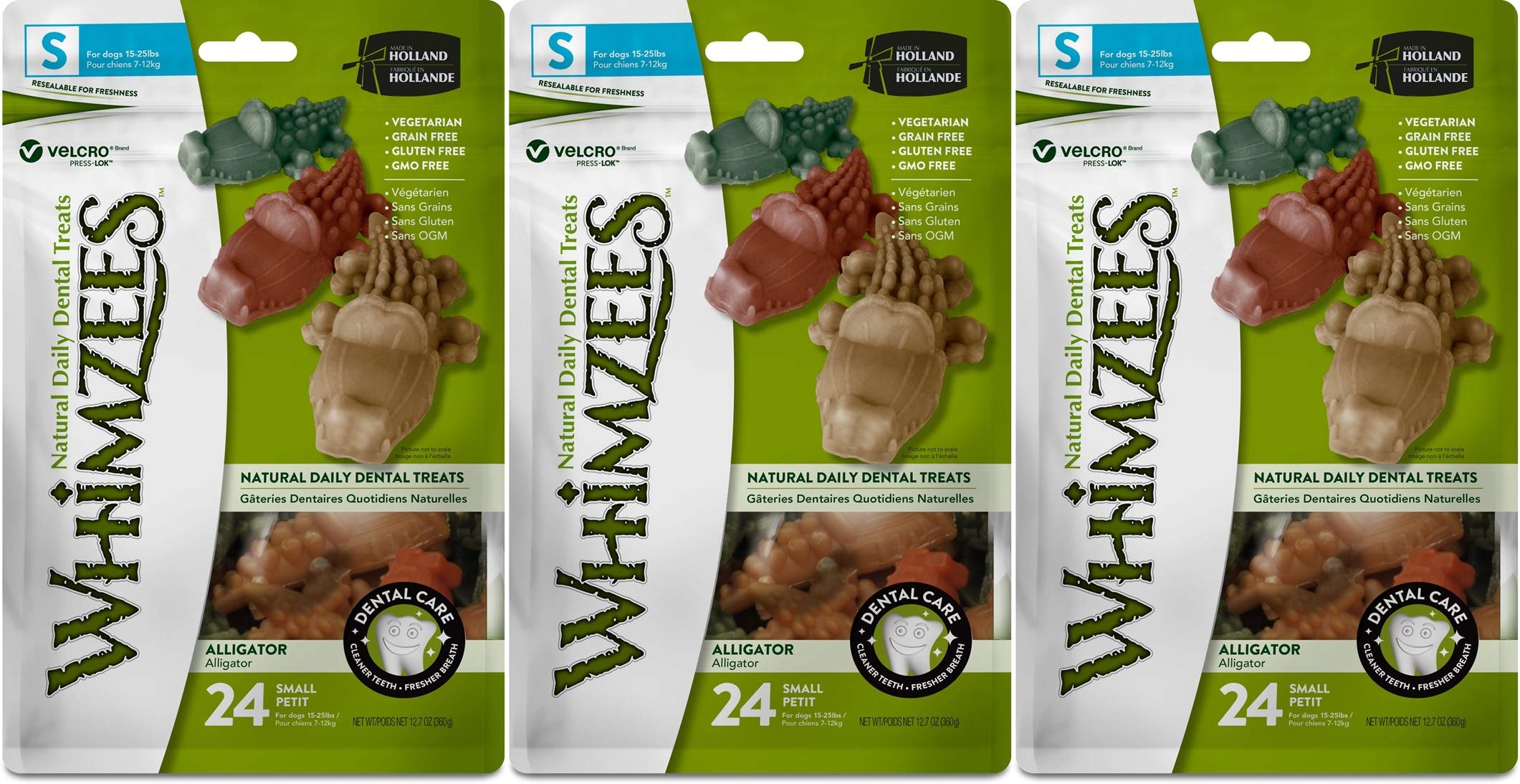 Whimzees 3 Pack of Alligator Dog Dental Chews, 24 Treats each