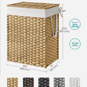 SONGMICS Laundry Hamper with Lid, 23.8 Gallon (90 L) Synthetic Rattan Clothes Laundry Basket with Lid and Handles, Foldable, Removable Liner, Goose Yellow ULCB51NL