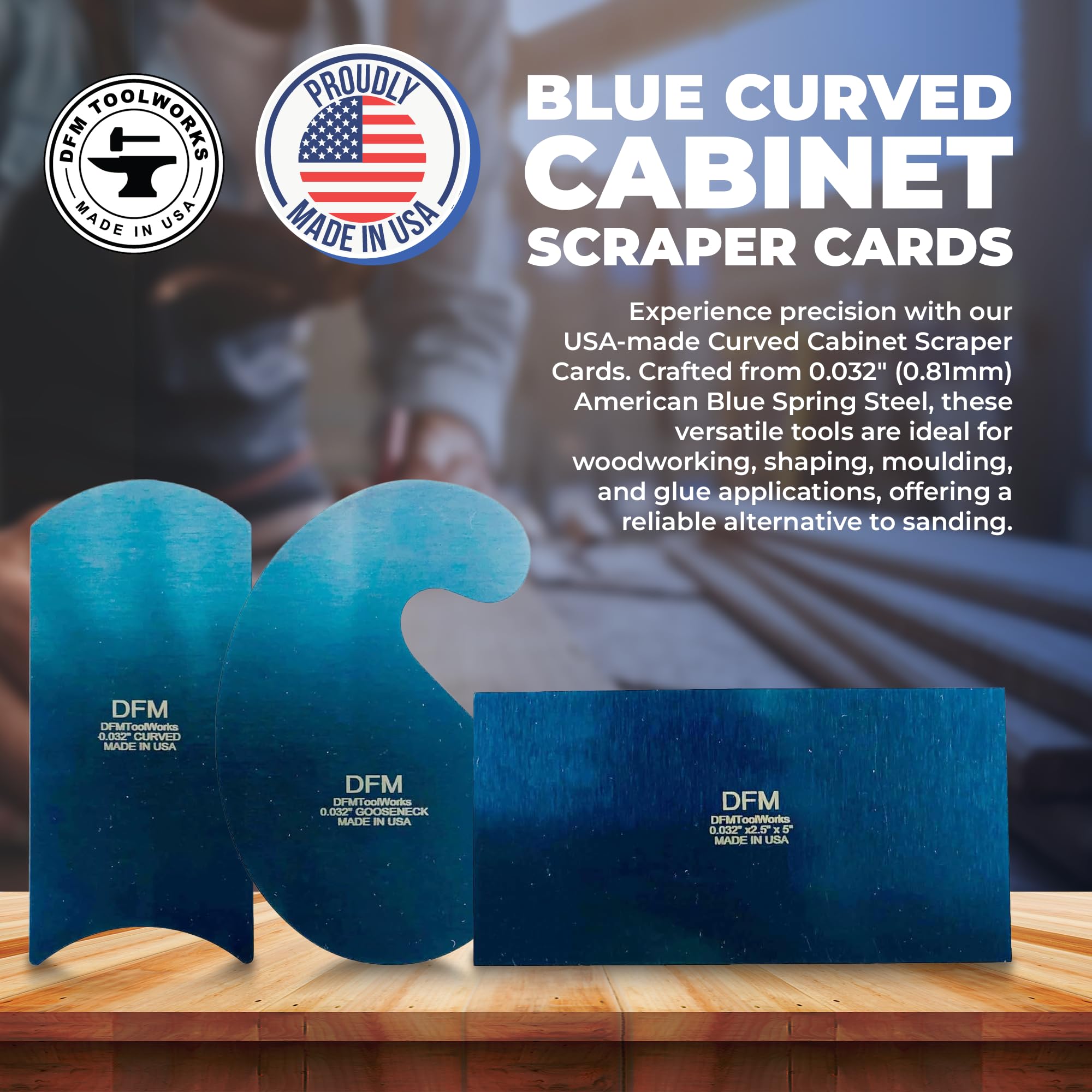 DFM Tool Works Blue Curved Cabinet Scraper Cards - Cabinet Scraper for Woodworking, Card Scraper Tool for Precision and Fine Finishes - Ideal Tool for Woodworking Projects - Made in USA (Set of 3)