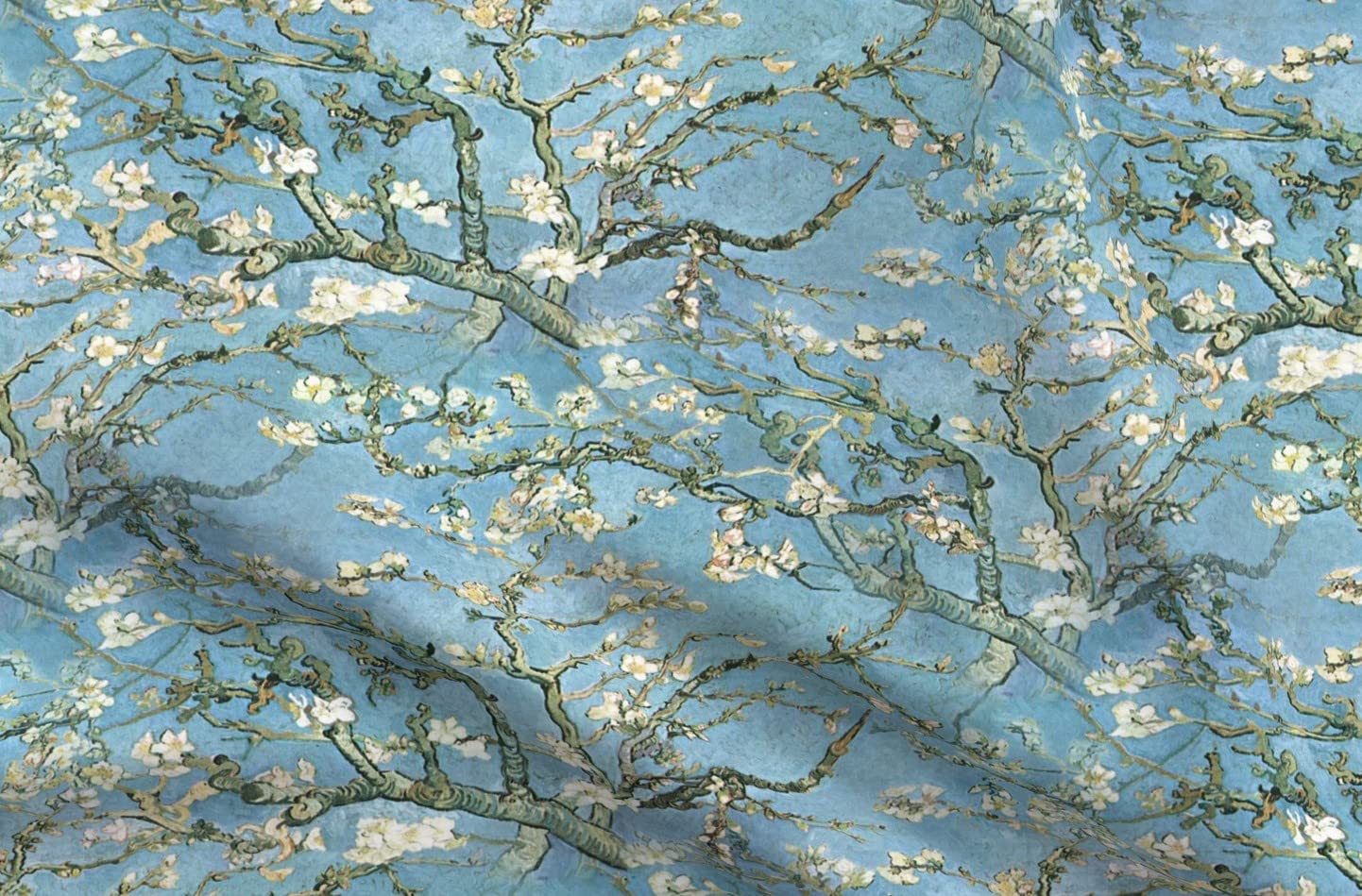 Spoonflower Fabric - Van Branches Almond Tree Blossom Blossoms Flowers Trees Blue Printed on Petal Signature Cotton Fabric by The Yard - Sewing Quilting Apparel Crafts Decor