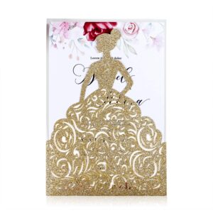 feiyi 25pcs laser cut wedding invitations cards with envelopes for quinceanera birthday sweet 16, bridal shower anniversary party invite, wedding invitation kit (gold glitter)