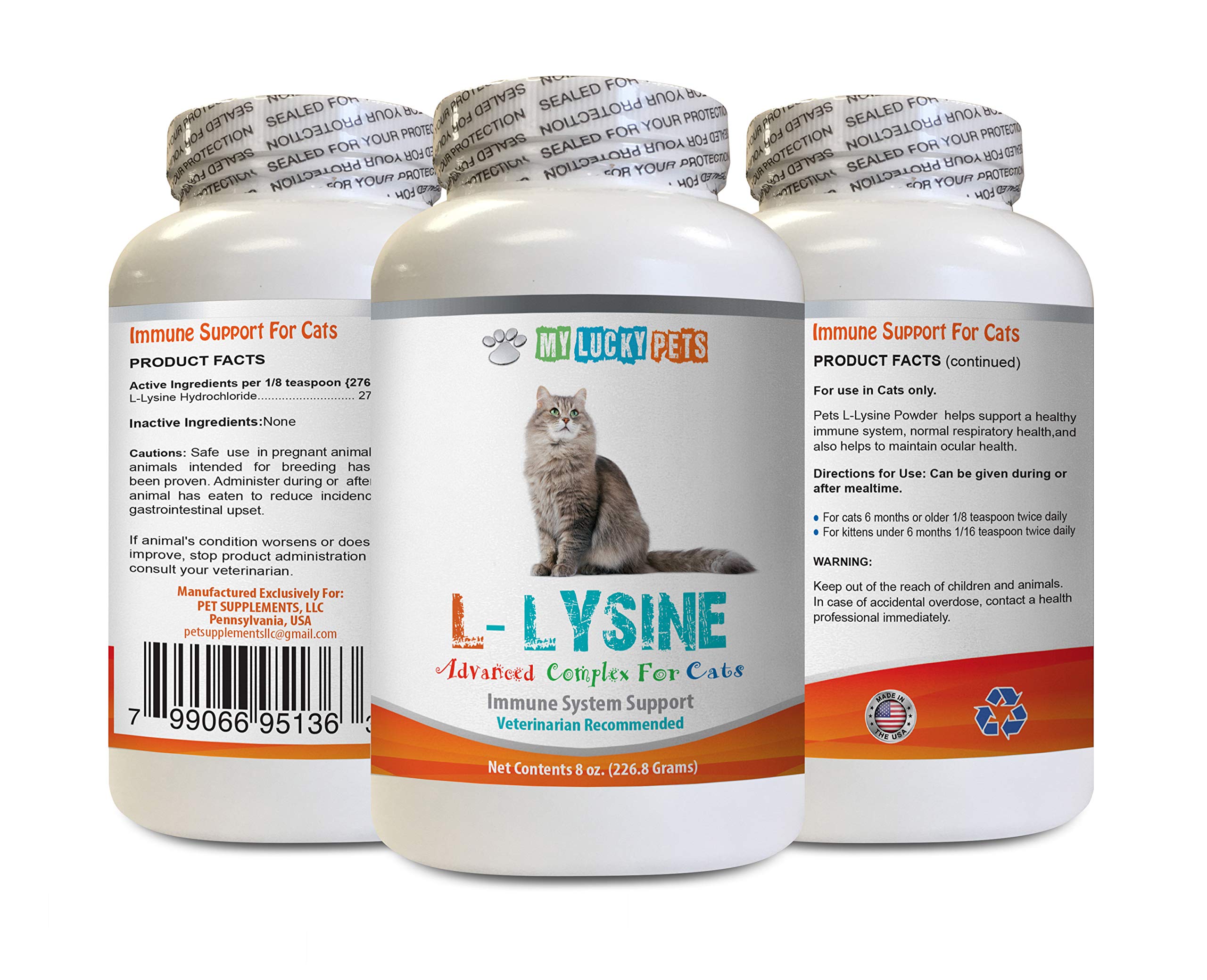 MY LUCKY PETS LLC Amino Acid Supplement for Cats - CAT L-LYSINE Powder - Immune System Booster - Eye Health - Vet Recommended - Natural - Anti inflammatory for Cats - 1 Bottle (8 OZ)