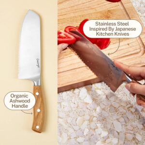 Cravings Go-To Santoku Knife – 7-Inch Serrated Stainless Steel Blade with Organic Ashwood Handle, Ideal for Slicing, Dicing, and Carving – A Must-Have Kitchen Essential by Chrissy Teigen