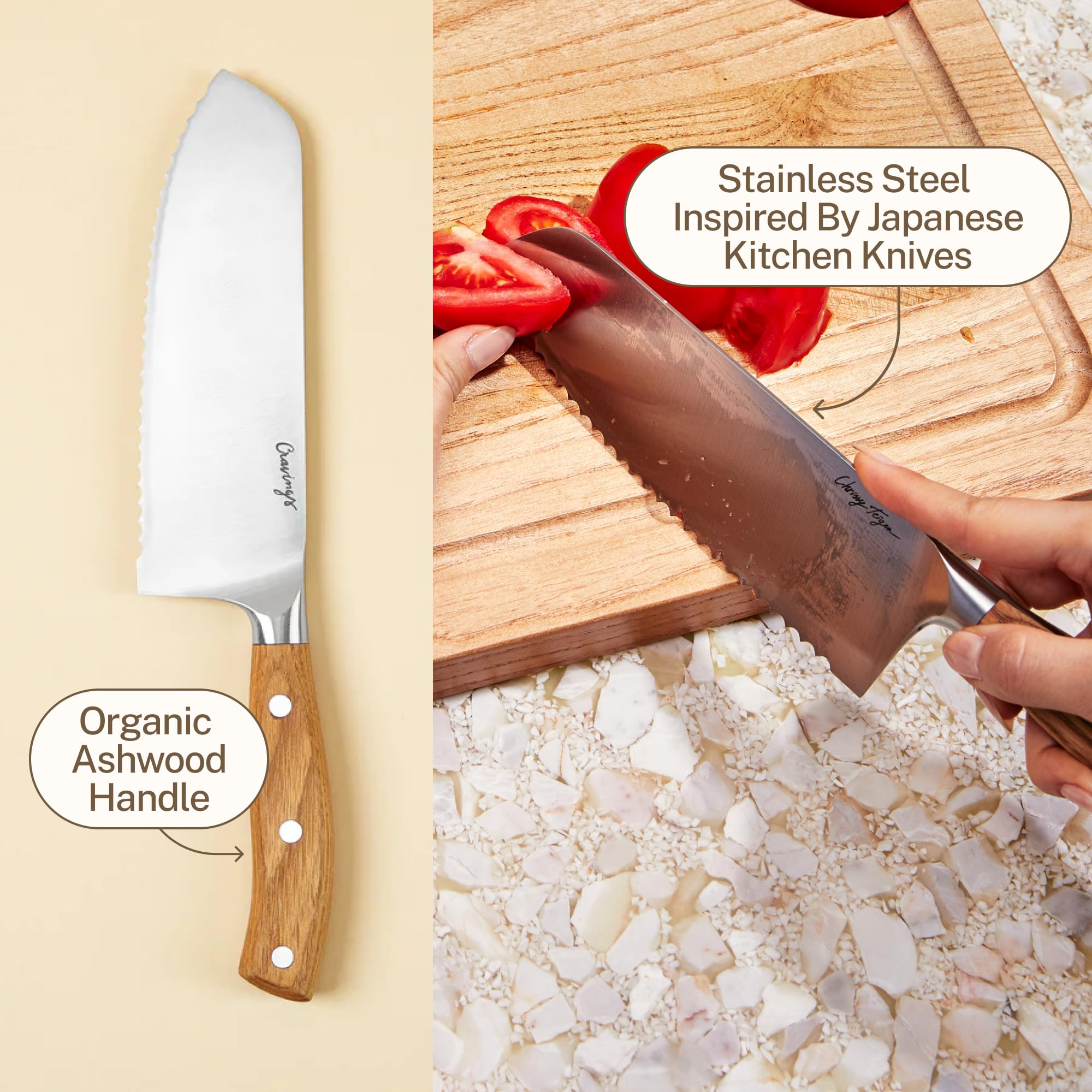 Cravings Go-To Santoku Knife – 7-Inch Serrated Stainless Steel Blade with Organic Ashwood Handle, Ideal for Slicing, Dicing, and Carving – A Must-Have Kitchen Essential by Chrissy Teigen