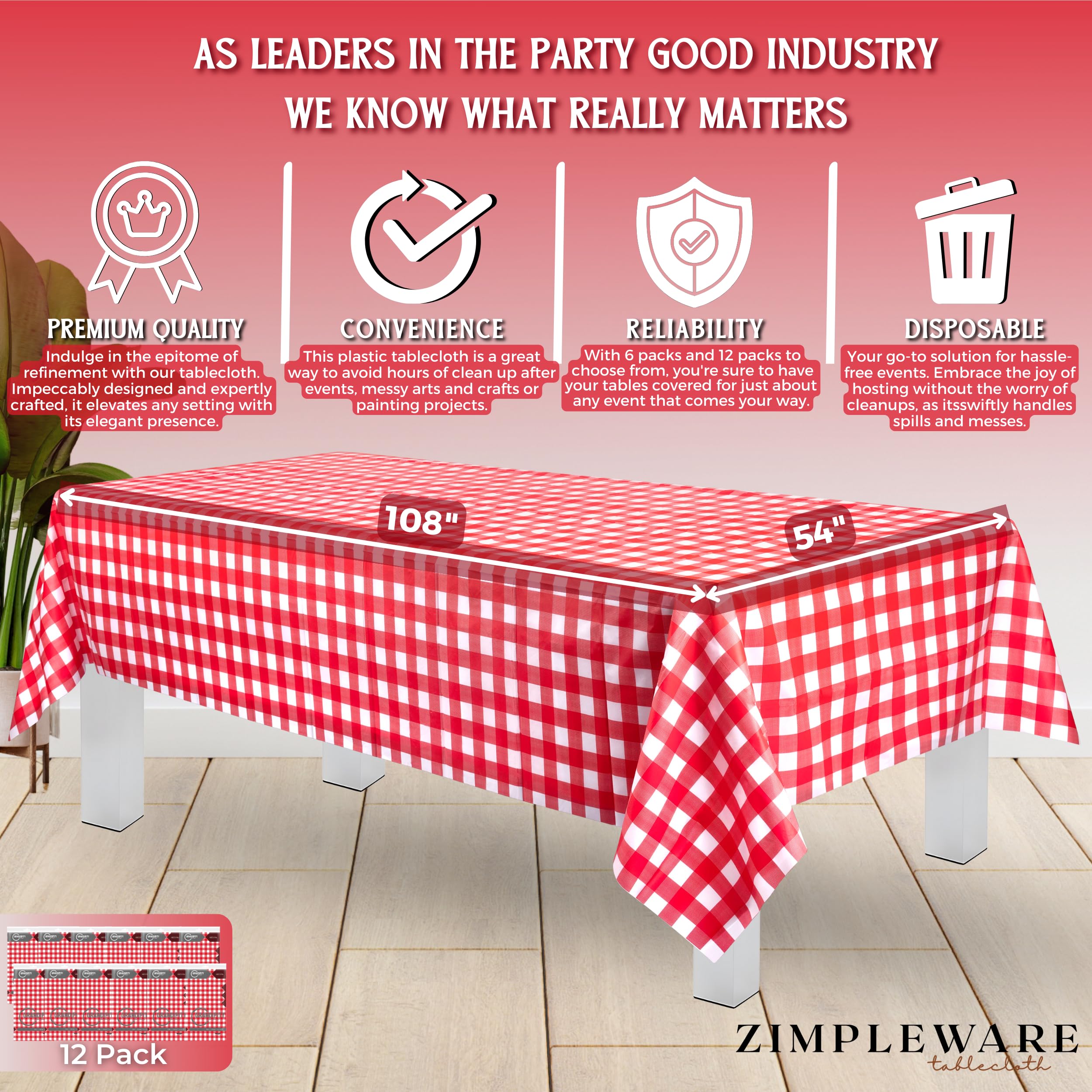 ZIMPLEWARE Premium Red Gingham Checkered Plastic Table Cloth Disposable (12 Pk) Plastic Tablecloths for Rectangle Tables (54in x 108in) Party Table Cloths Disposable for 6ft to 8ft Rectangle Tables