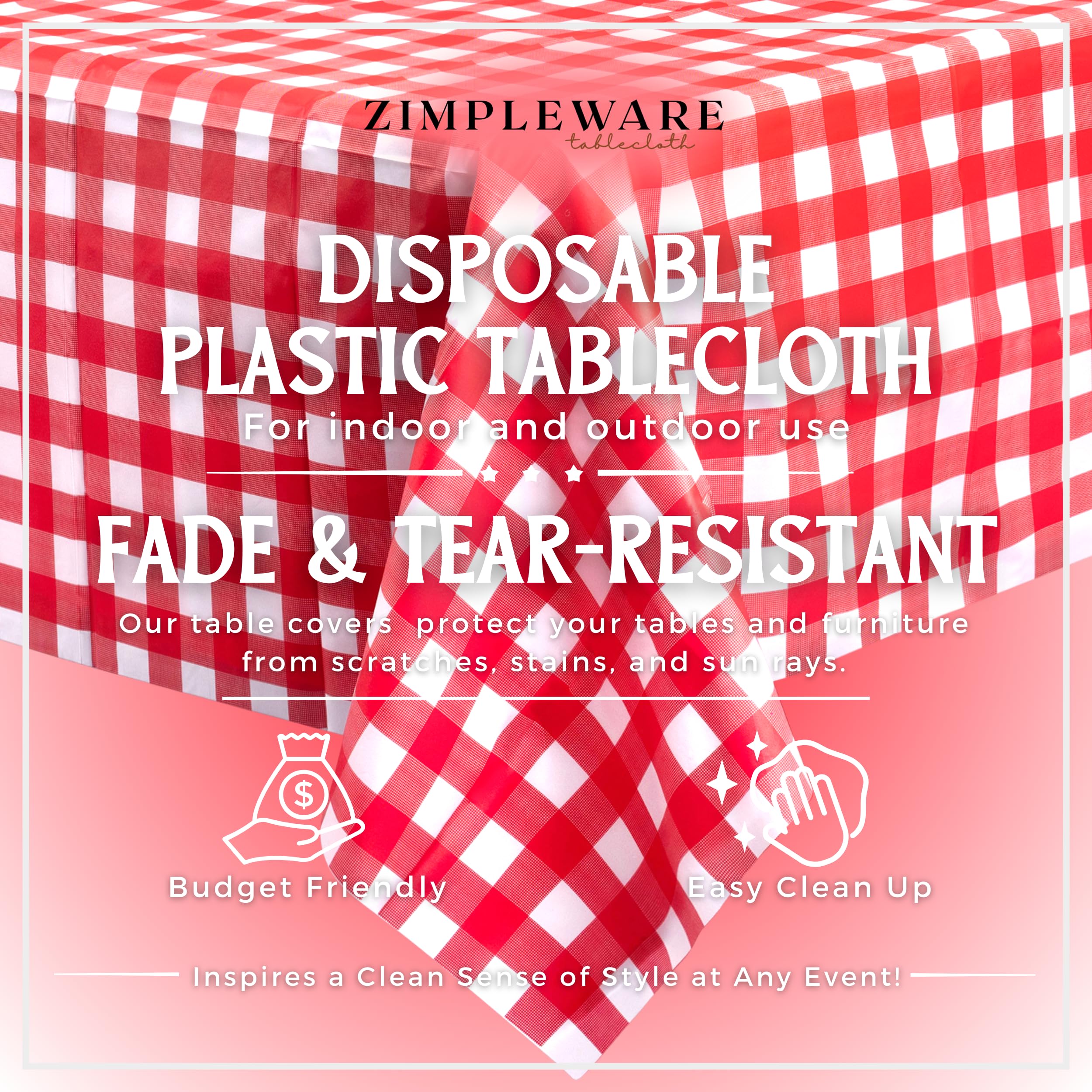 ZIMPLEWARE Premium Red Gingham Checkered Plastic Table Cloth Disposable (12 Pk) Plastic Tablecloths for Rectangle Tables (54in x 108in) Party Table Cloths Disposable for 6ft to 8ft Rectangle Tables